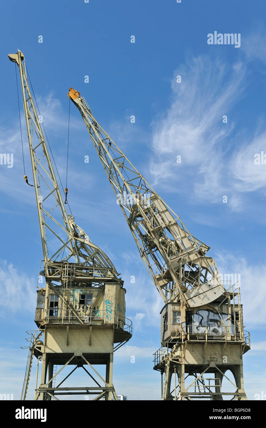 Historic dock cranes at the shipping trade museum along the docks in ...