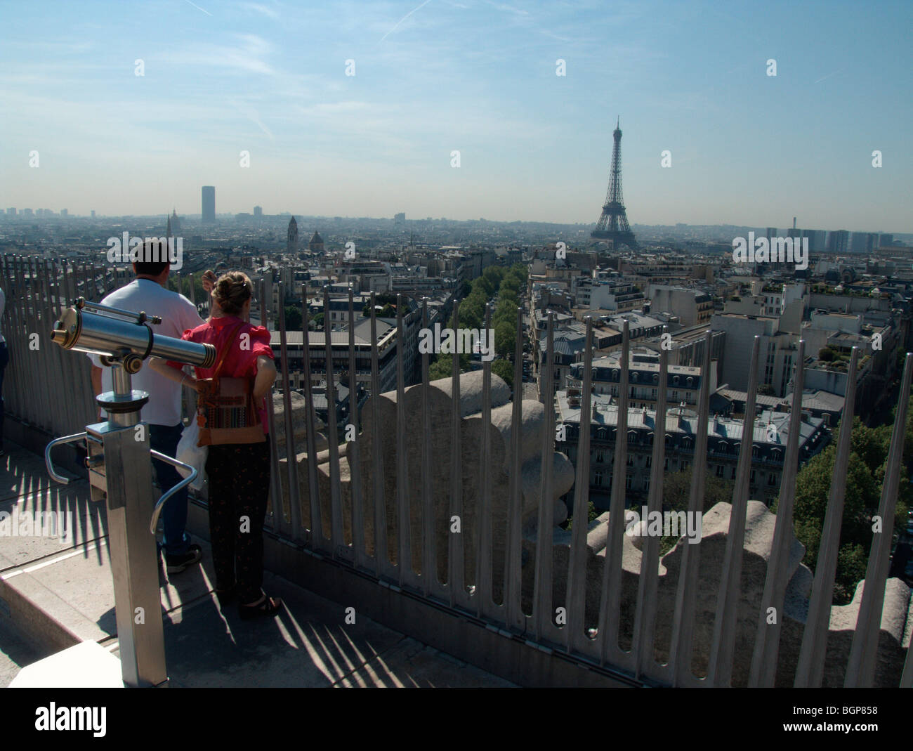 Eiffel Tower and panoramic view of Paris as seen from the top of the Arc de Triomphe (Arch of ...