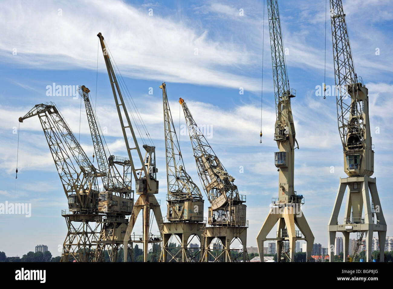 Historic dock cranes at the shipping trade museum along the docks in ...