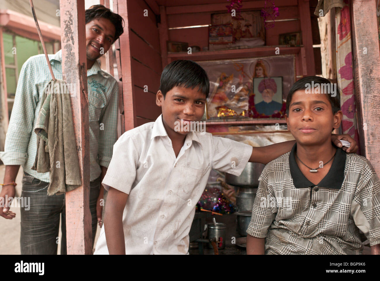 Indian boys manning a tea (chai) stall, backstreets of Jaipur, India ...