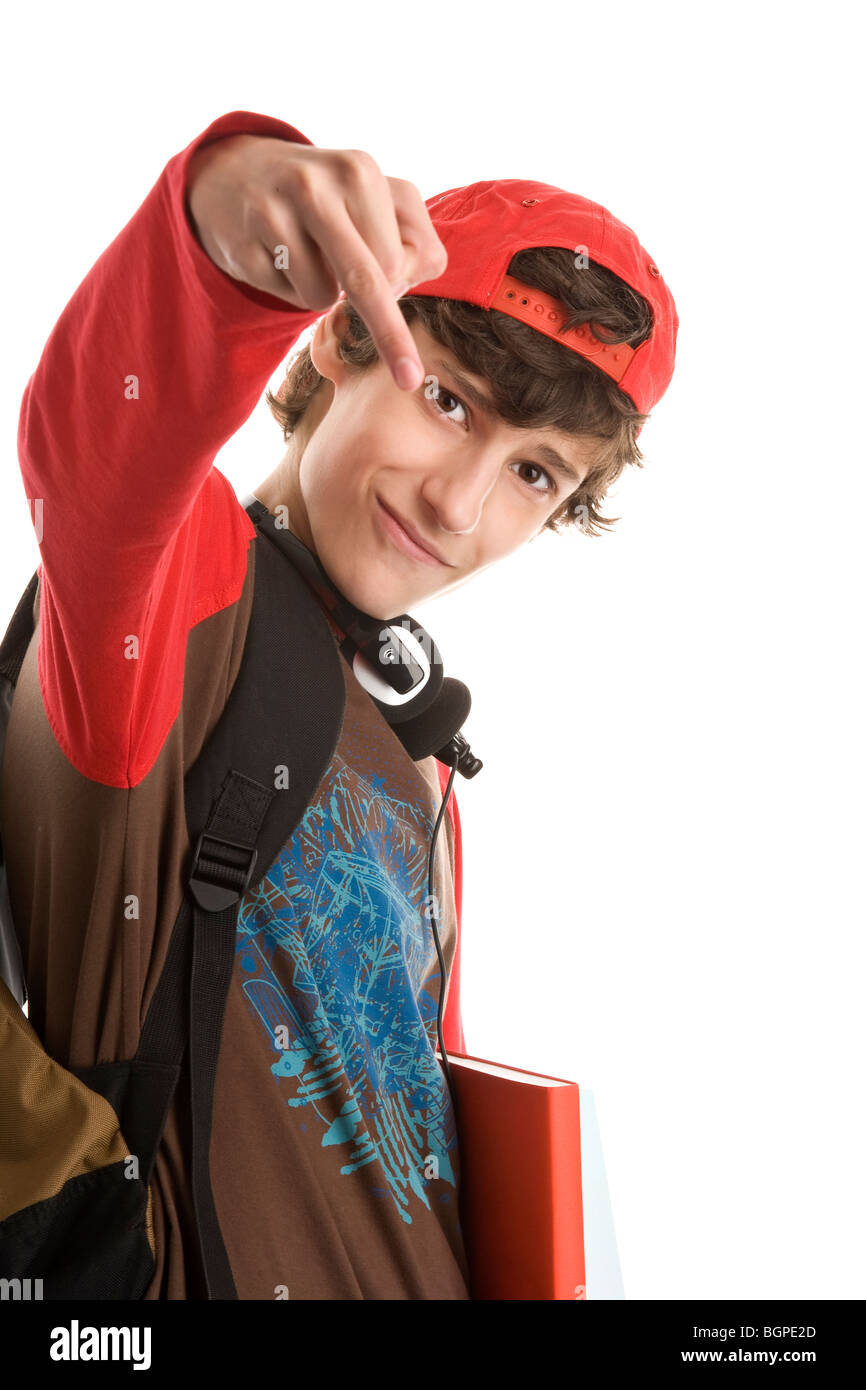 Portrait of young man preparing to school showing middle finger ...