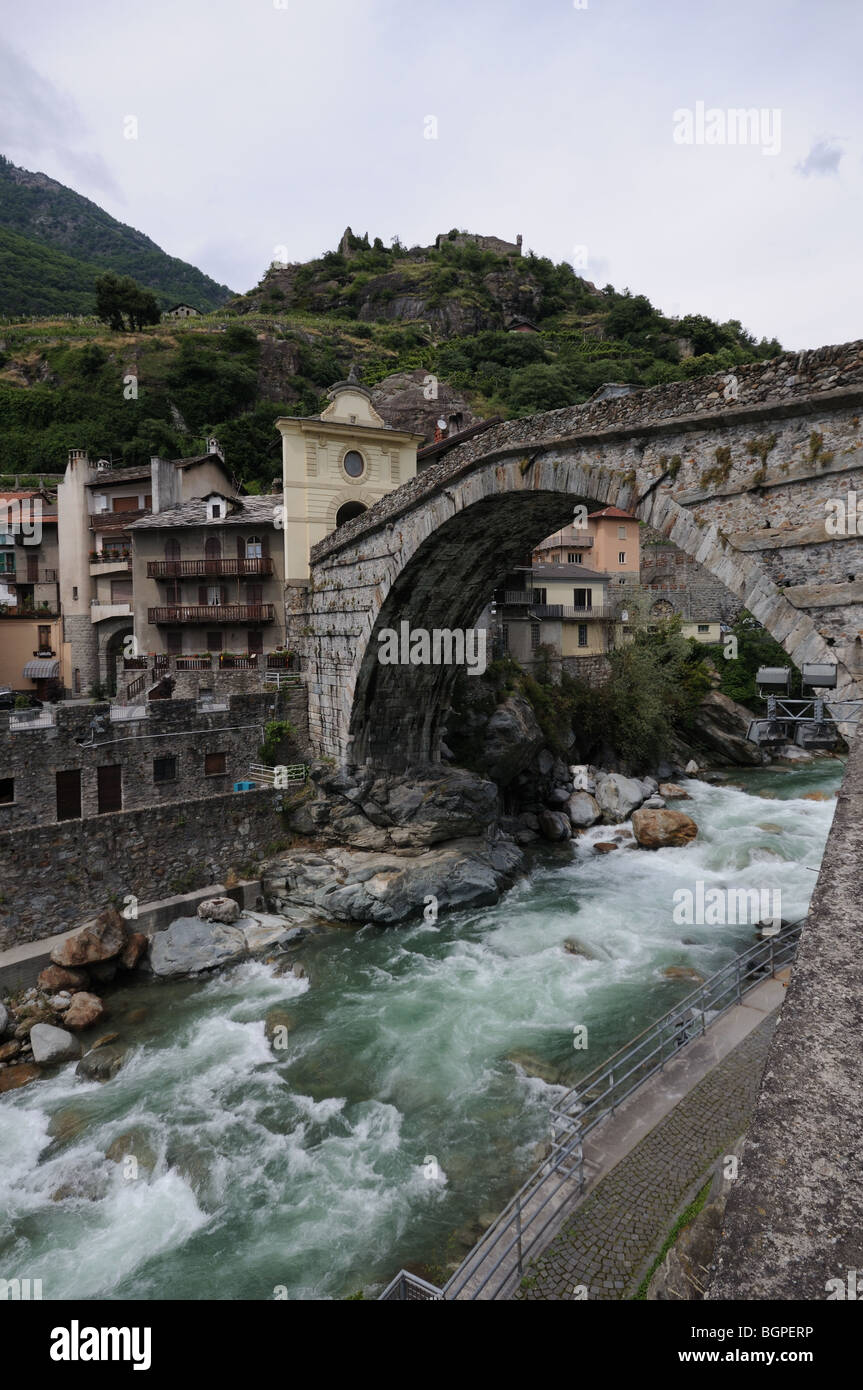 Roman bridge over torrente Lys Pont St Martin Aosta Valley Italy Stock ...