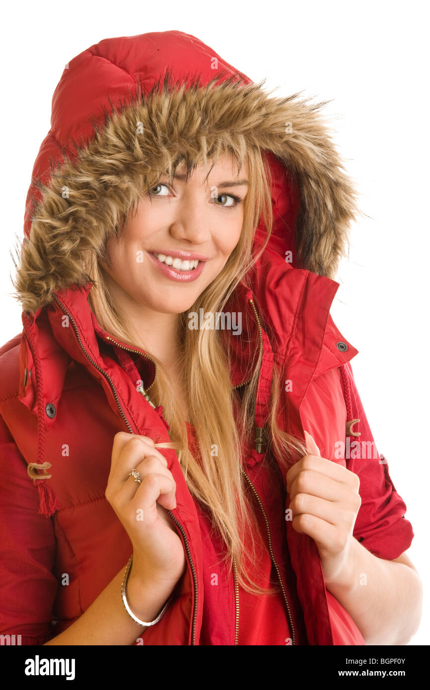 Woman wearing red parka Stock Photo - Alamy