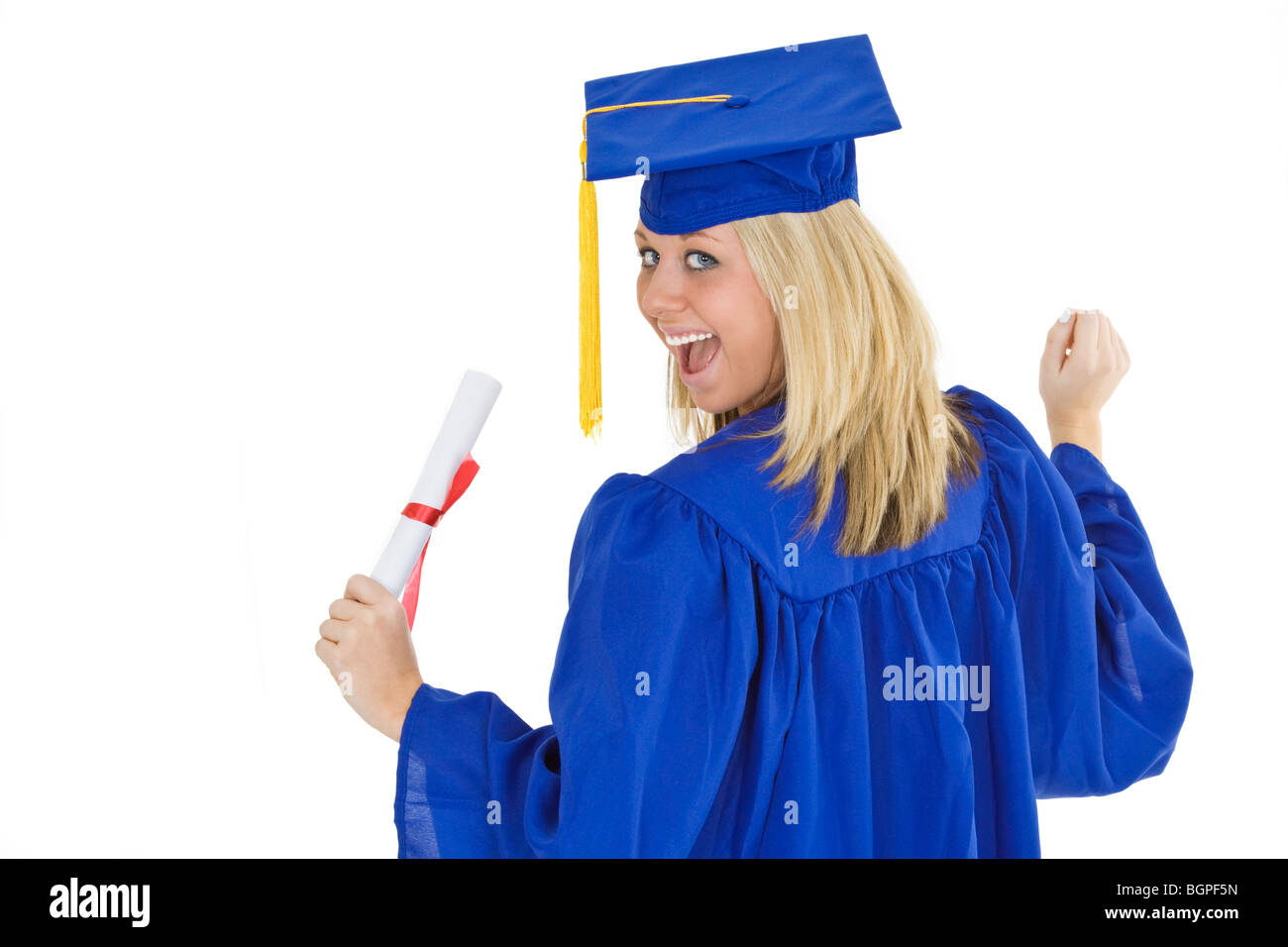 A female Caucasian with blond hair standing in blue graduation gown and ...