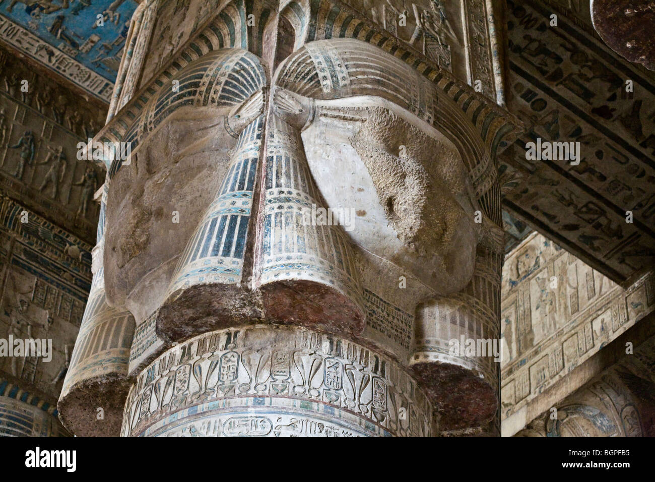 Close up of Hathor headed column in the vestibule of the Ptolemaic ...