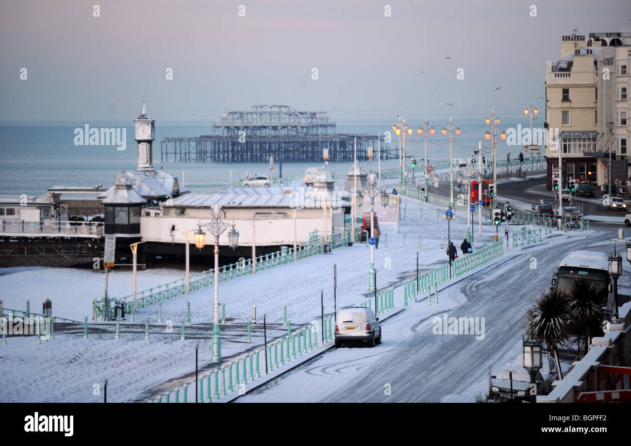 Brighton seafront and beach covered in snow early in the morning Sussex ...
