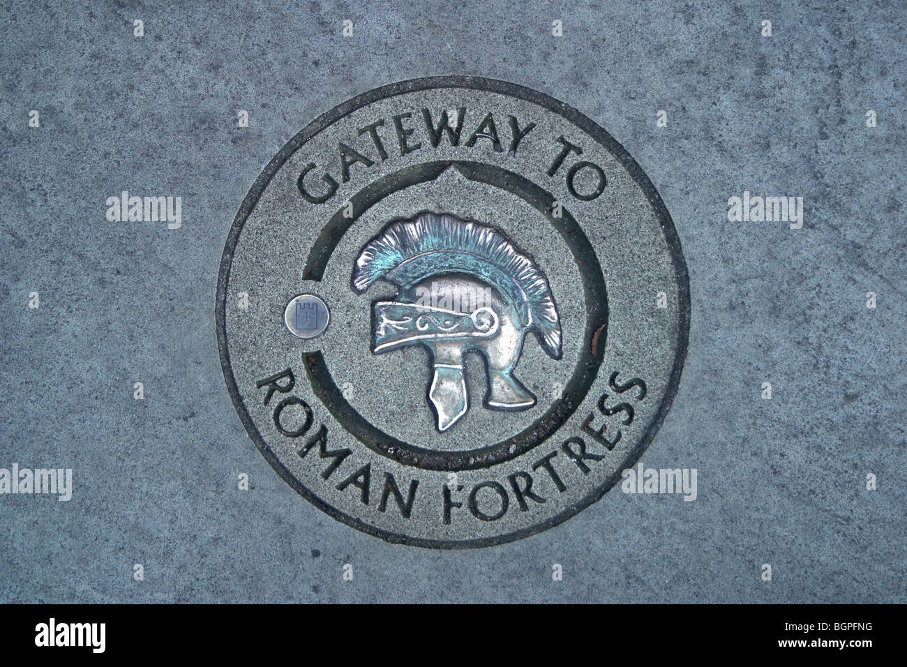 Gateway to Roman Fortress plaque on walls within York. UK Stock Photo ...