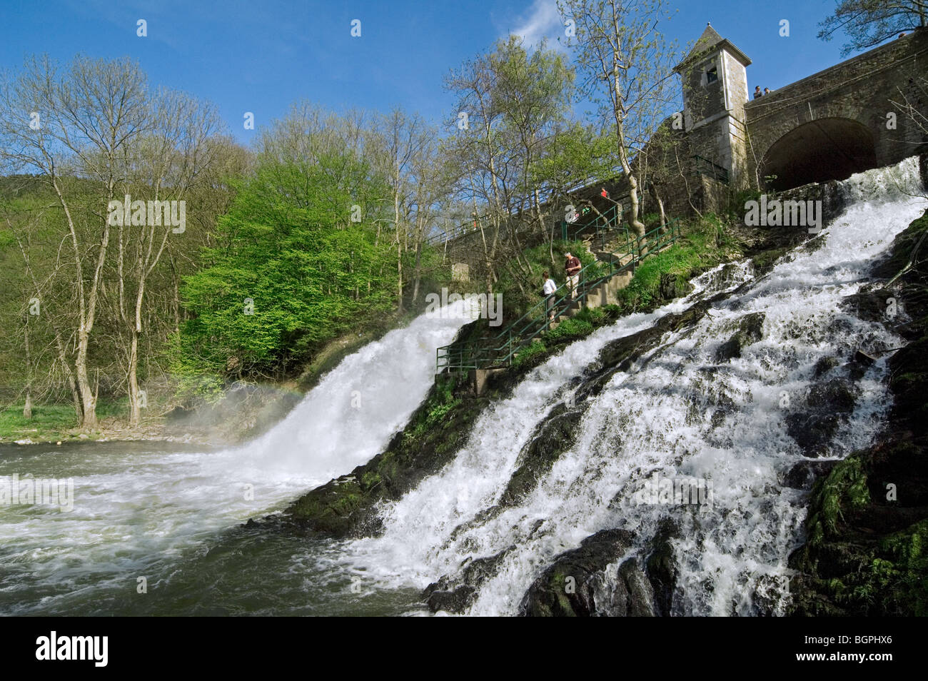 Tourists at the river Amblève and the waterfalls of Coo, Stavelot ...