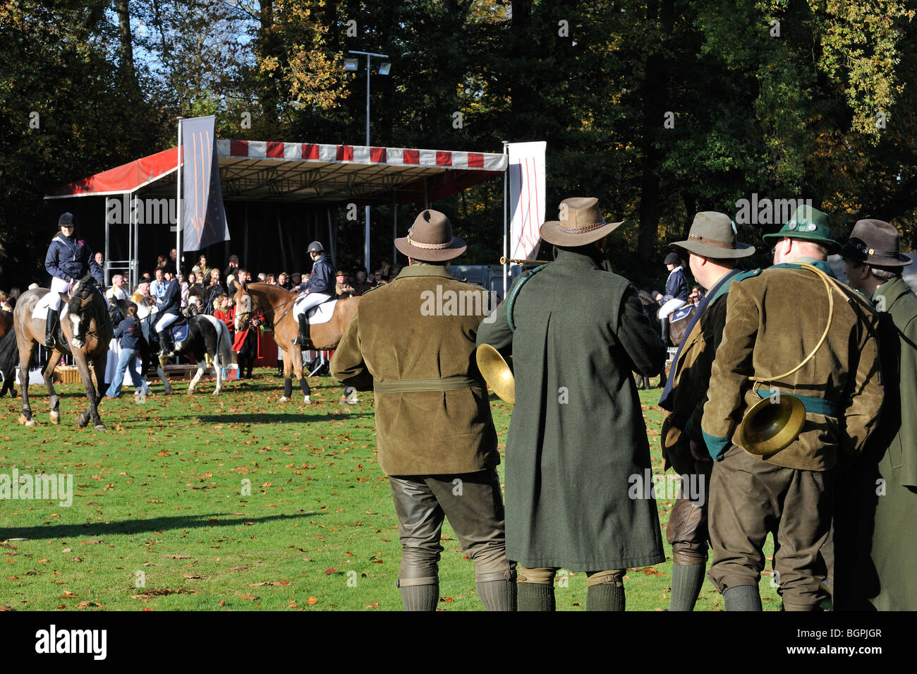 Hunters with hunting horns / bugles during the commemoration of Saint ...