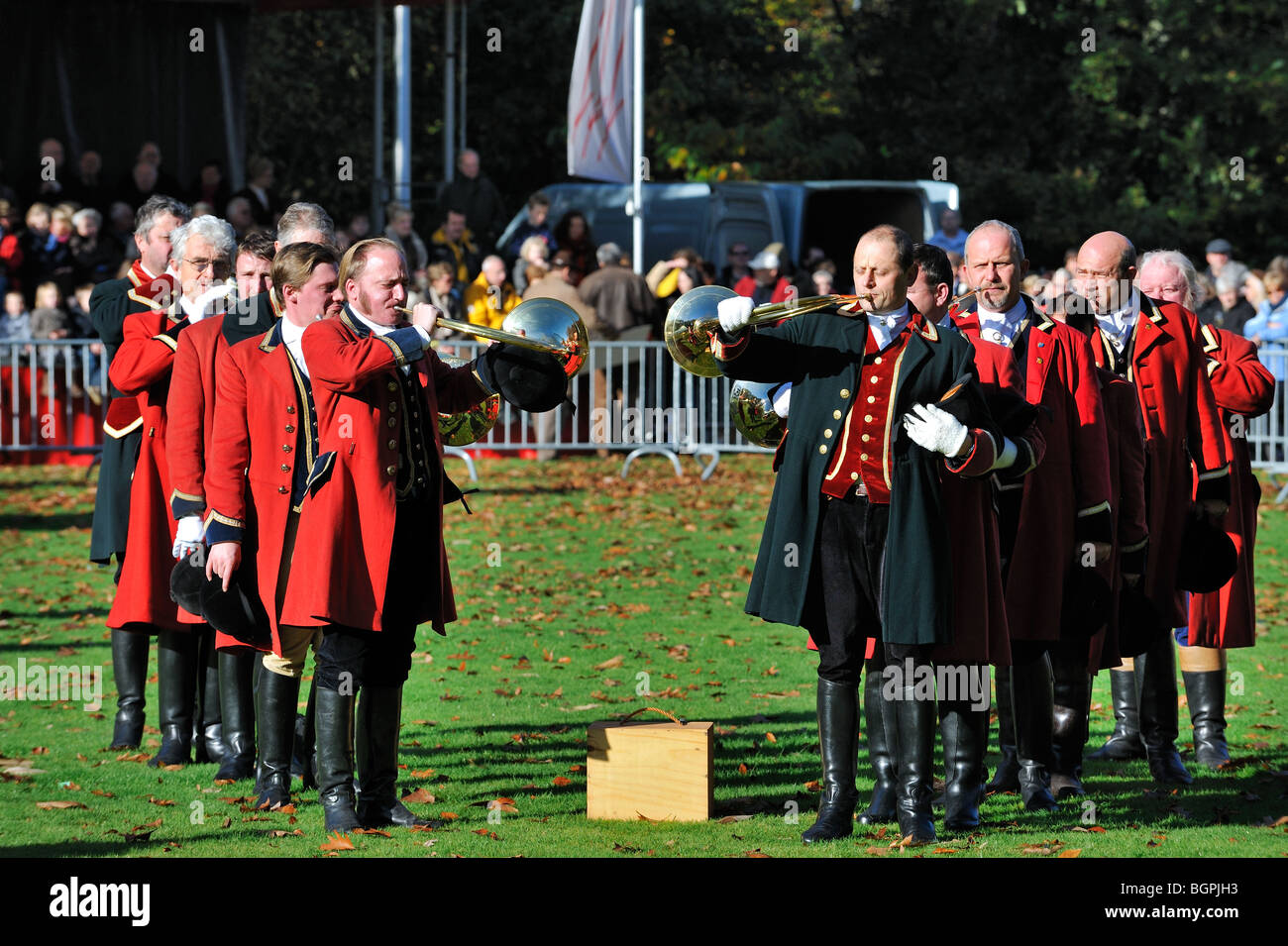 Hunters with hunting horns / bugles during the commemoration of Saint ...