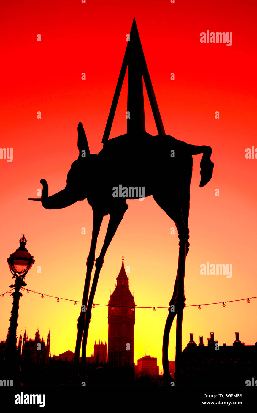Evening Sunset Salvador Dali Sculpture Big Ben Clock South Bank river ...