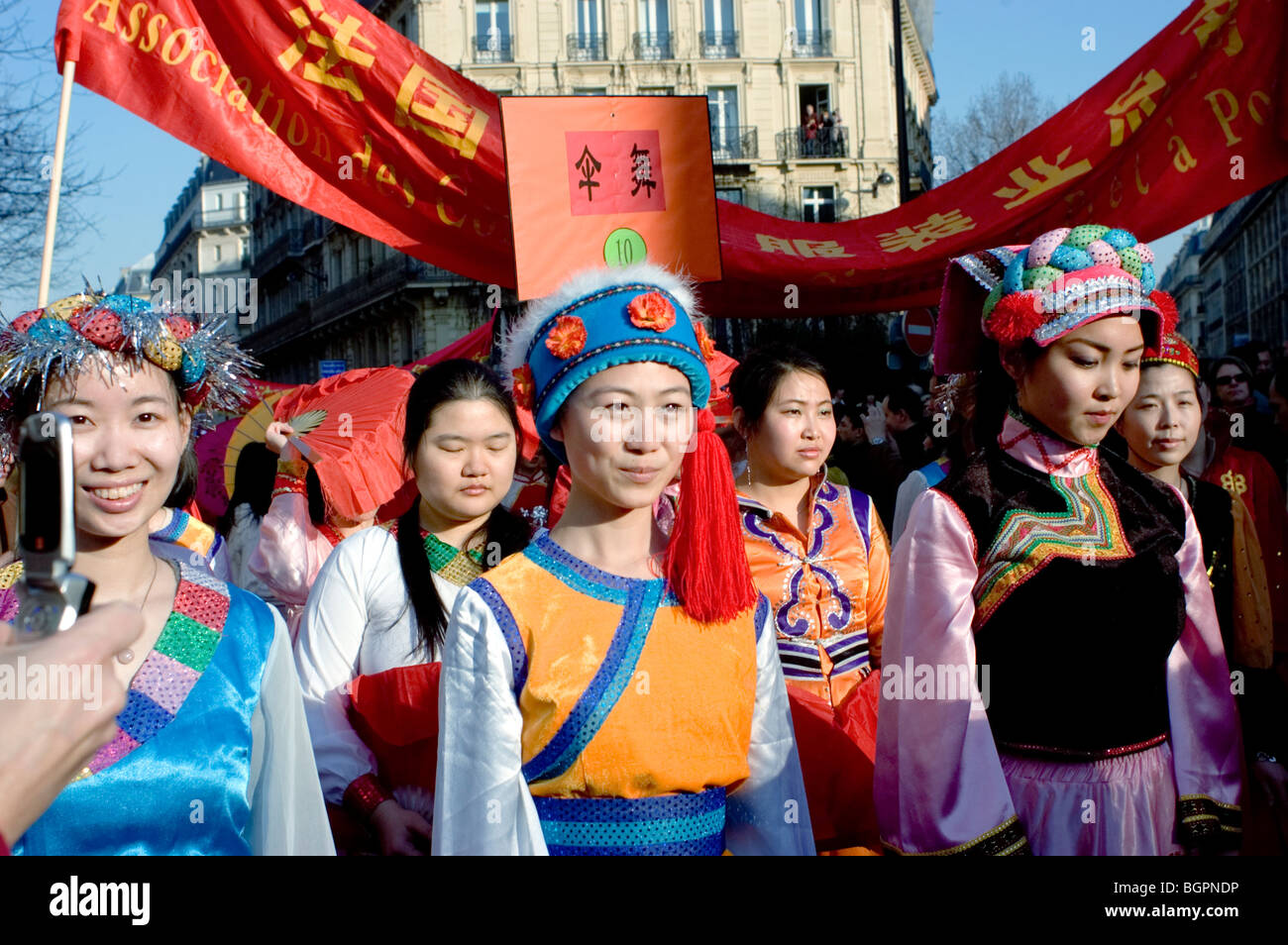 Paris, France, Large Crowd People, Front, French-Chinese Female Teens ...