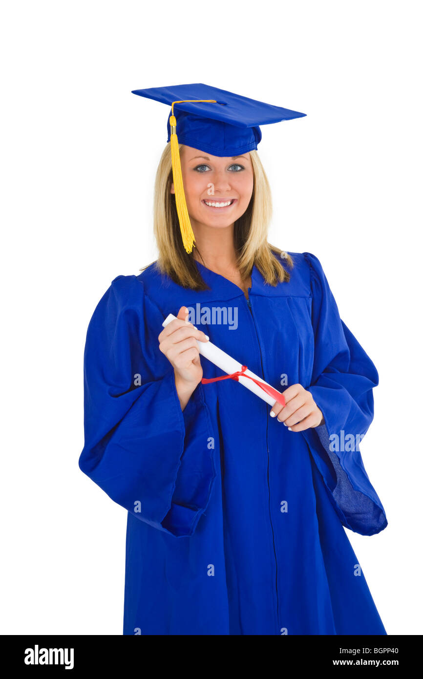 A female Caucasian with blond hair standing in blue graduation gown and ...