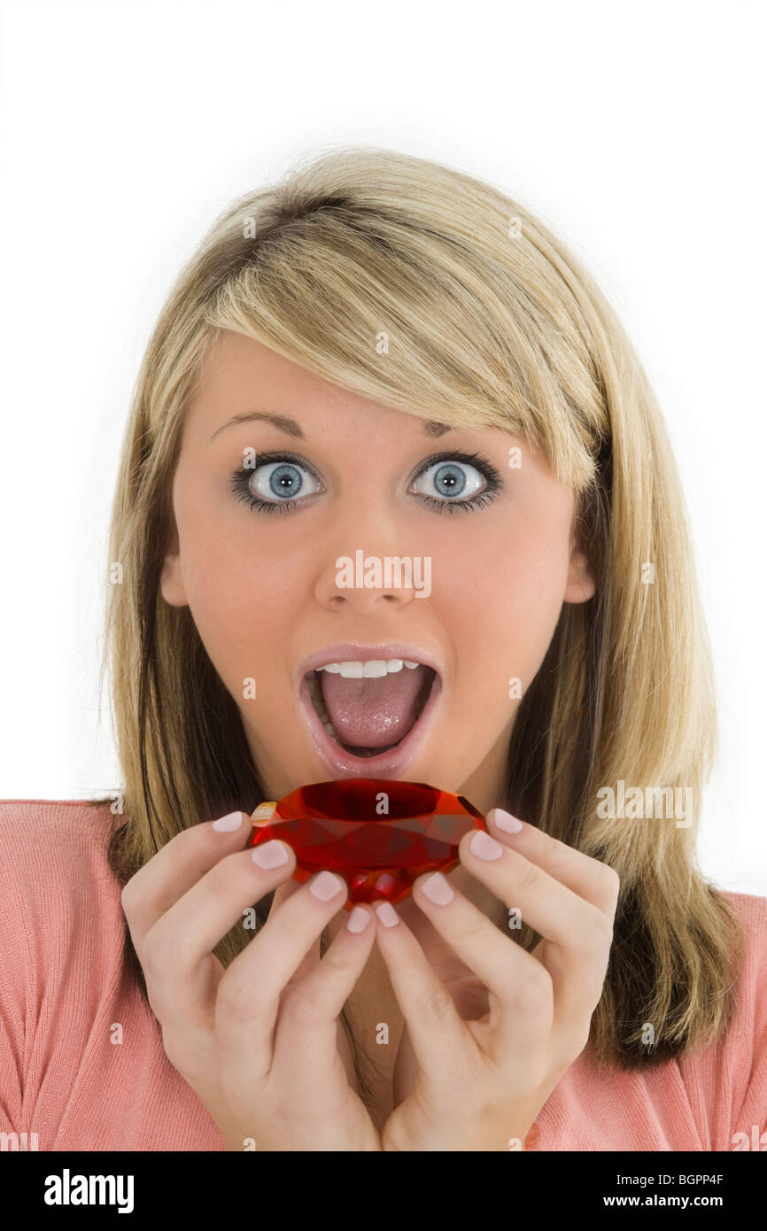 Young Caucasian woman very excited after receiving a special gift Stock ...