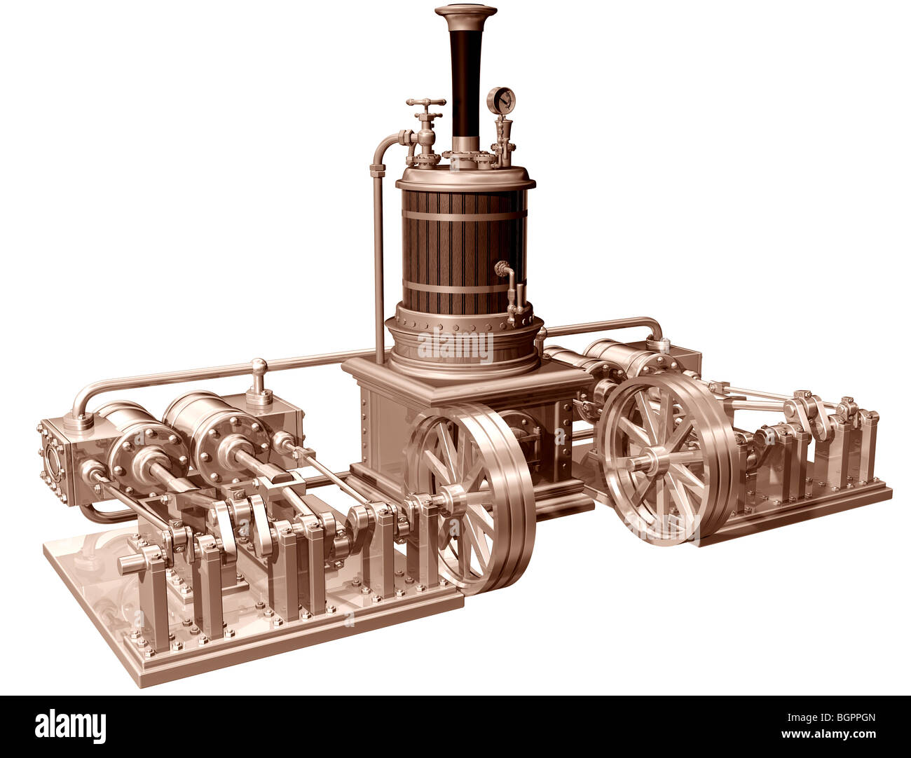 Original illustration of a four cylinder steam engine and boiler Stock ...