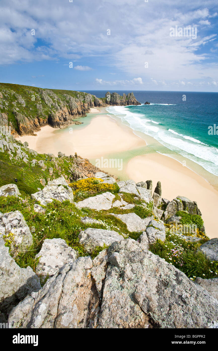 View of Pedn Vounder Beach from Treen Cliffs, Cornwall England UK Stock ...