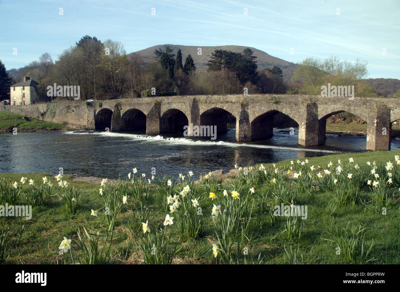 Stone bridge over the River Usk, near Abergavenny, with Blorange ...