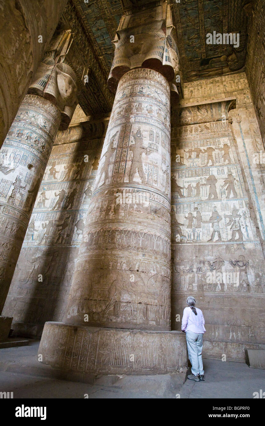 Hathor headed columns in the vestibule of the Ptolemaic Temple at ...