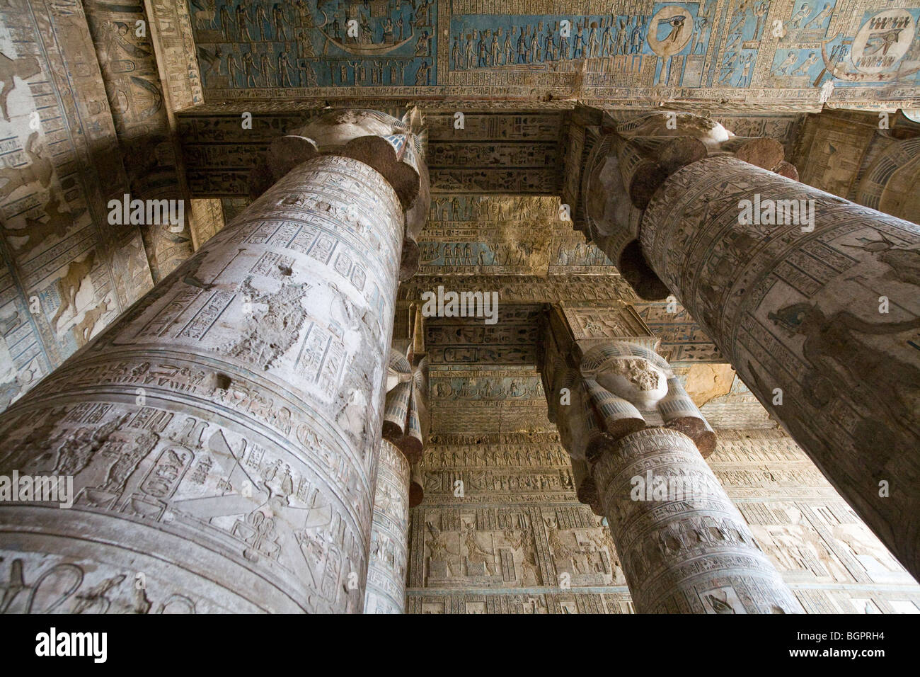 Newly cleaned Hathor headed columns in the vestibule of the Ptolemaic ...