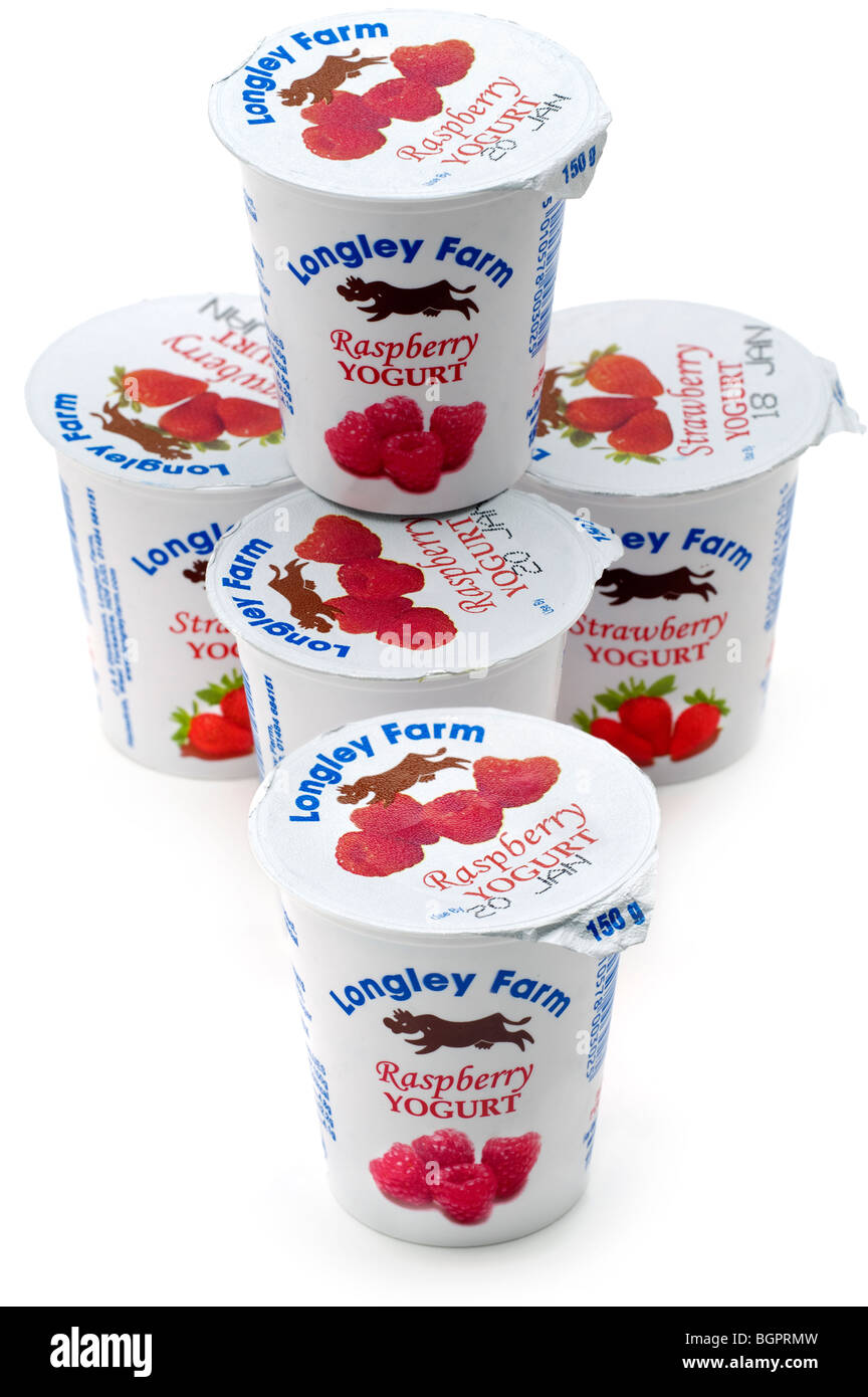Five "Longley Farm" Raspberry and Strawberry fruit yogurts Stock Photo ...