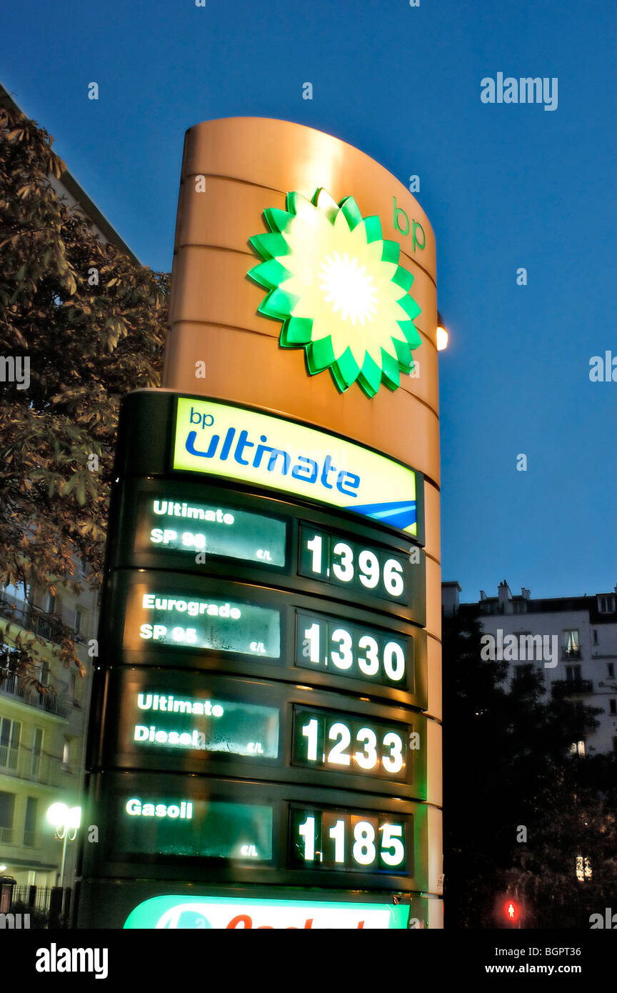 Paris, France, BP Gas Station at Night, detail Sign. station service ...