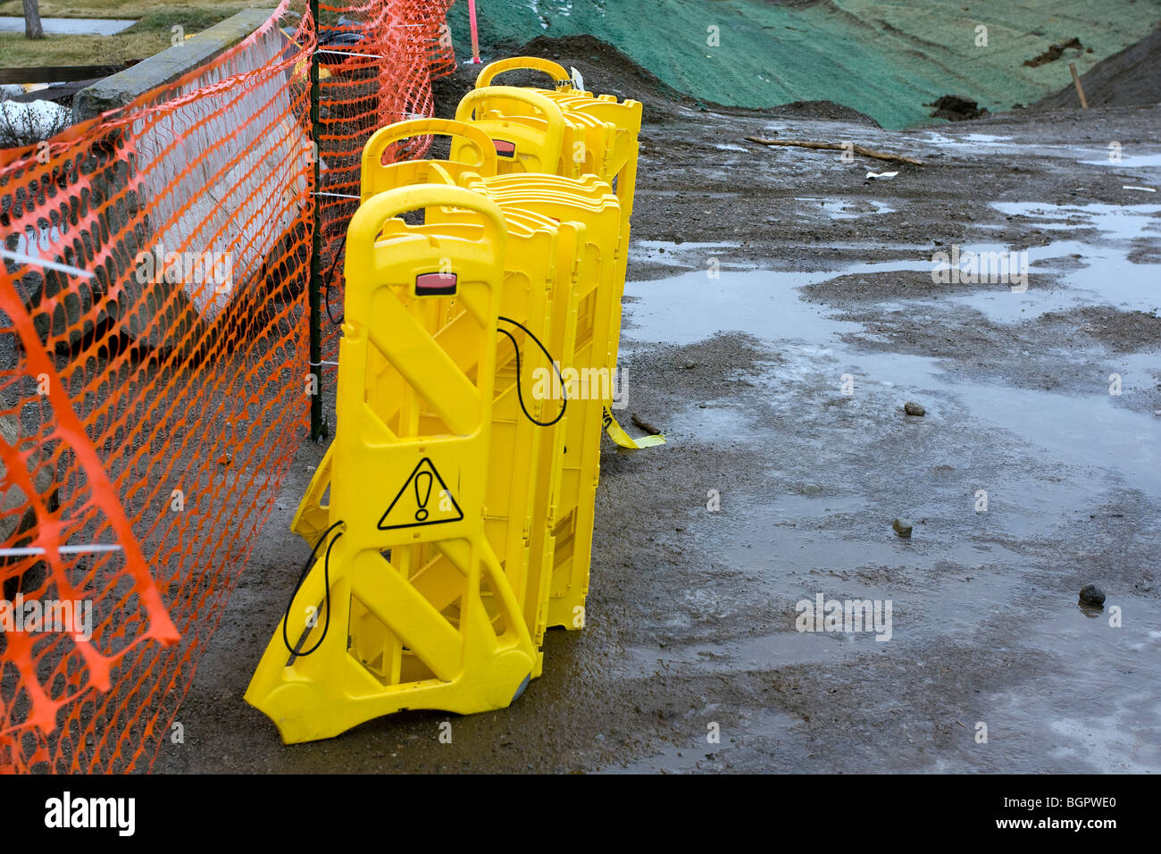 Construction site warning and caution signs and materials Stock Photo ...