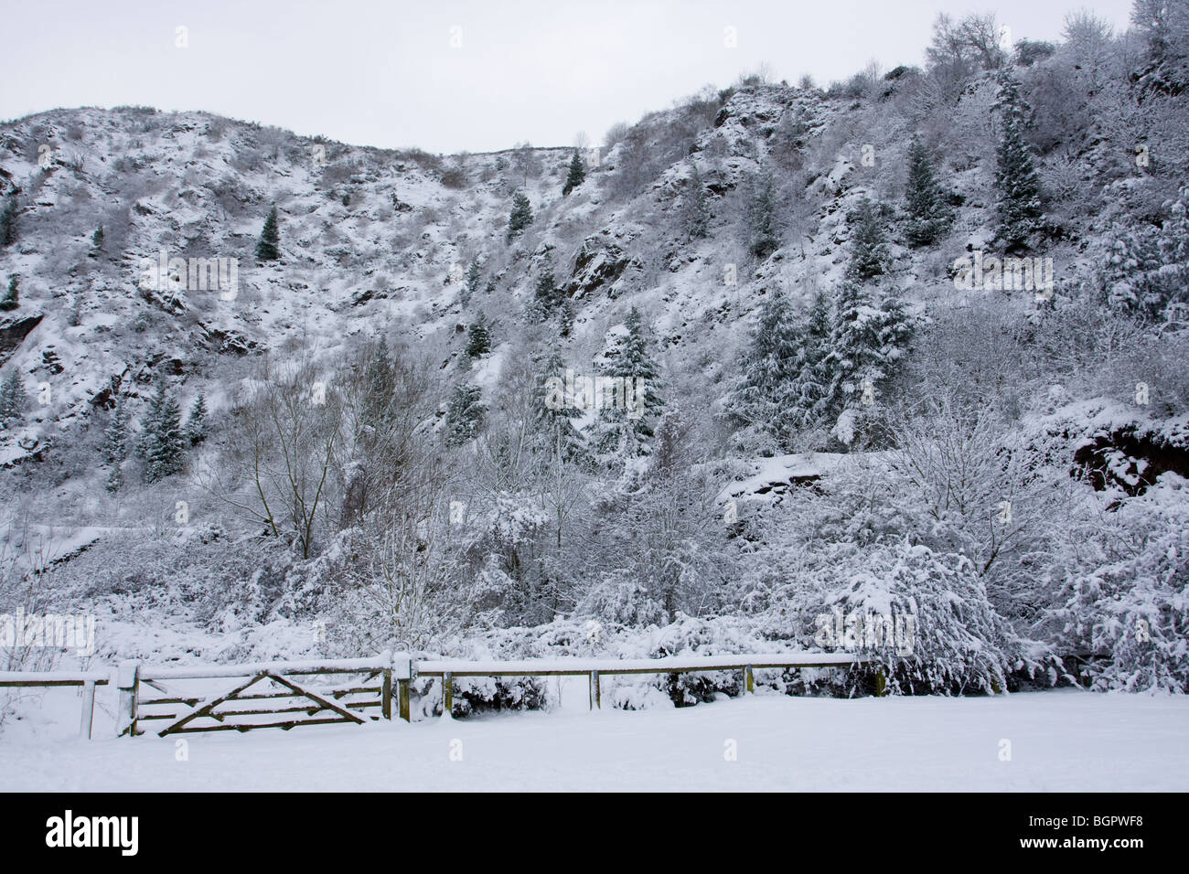 White snow covered landscape showing Gullet quarry, Malvern Hills ...