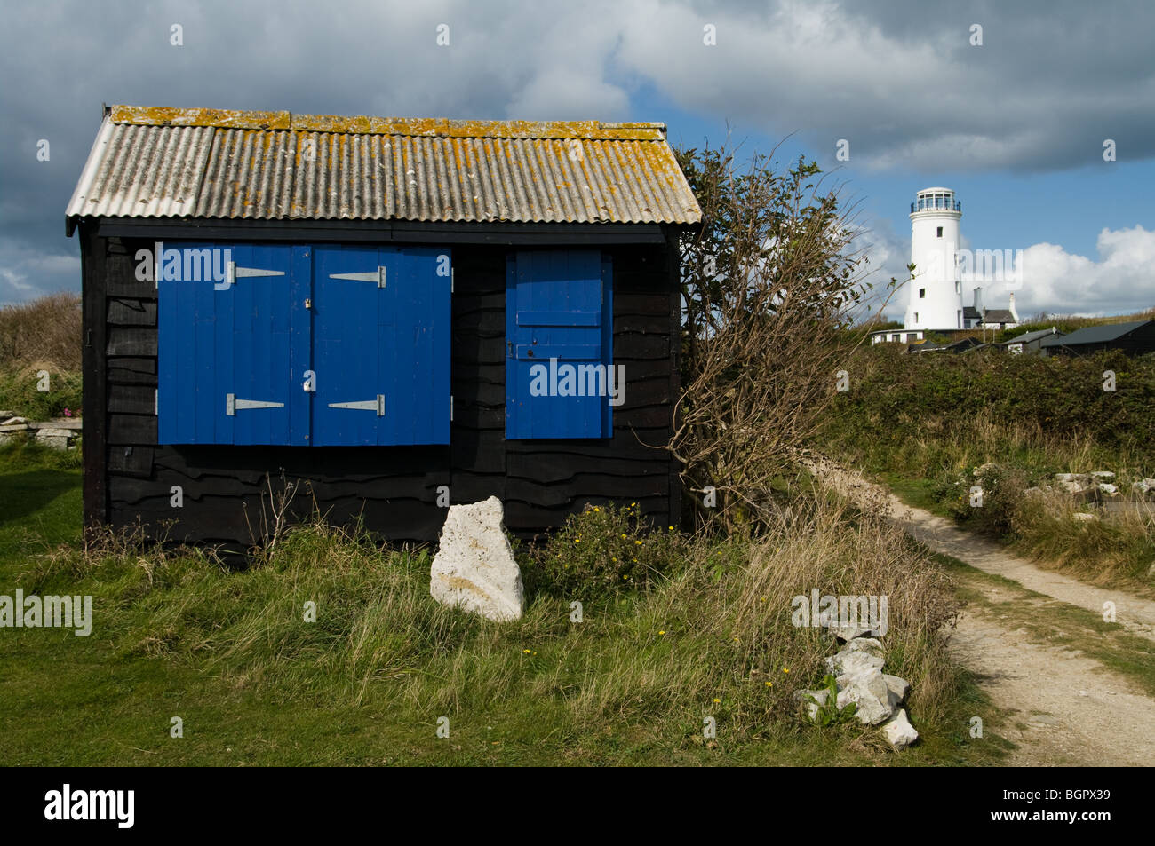 Bird Observatory Lighthouse and hut at Portland Bill Stock Photo - Alamy