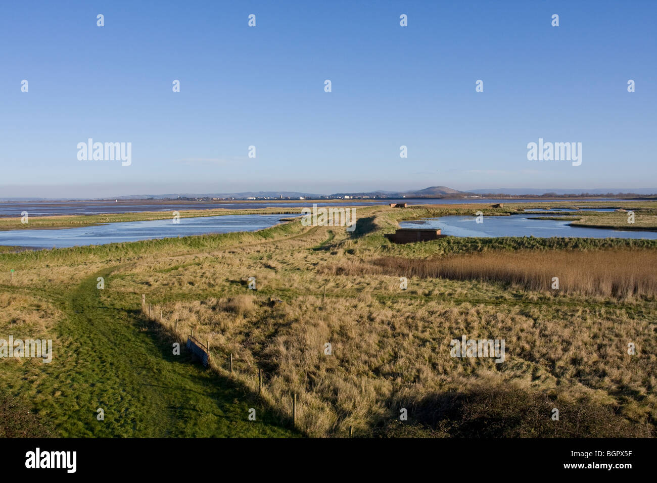 View over Steart reserve overlooking estuary and hides, Somerset and ...