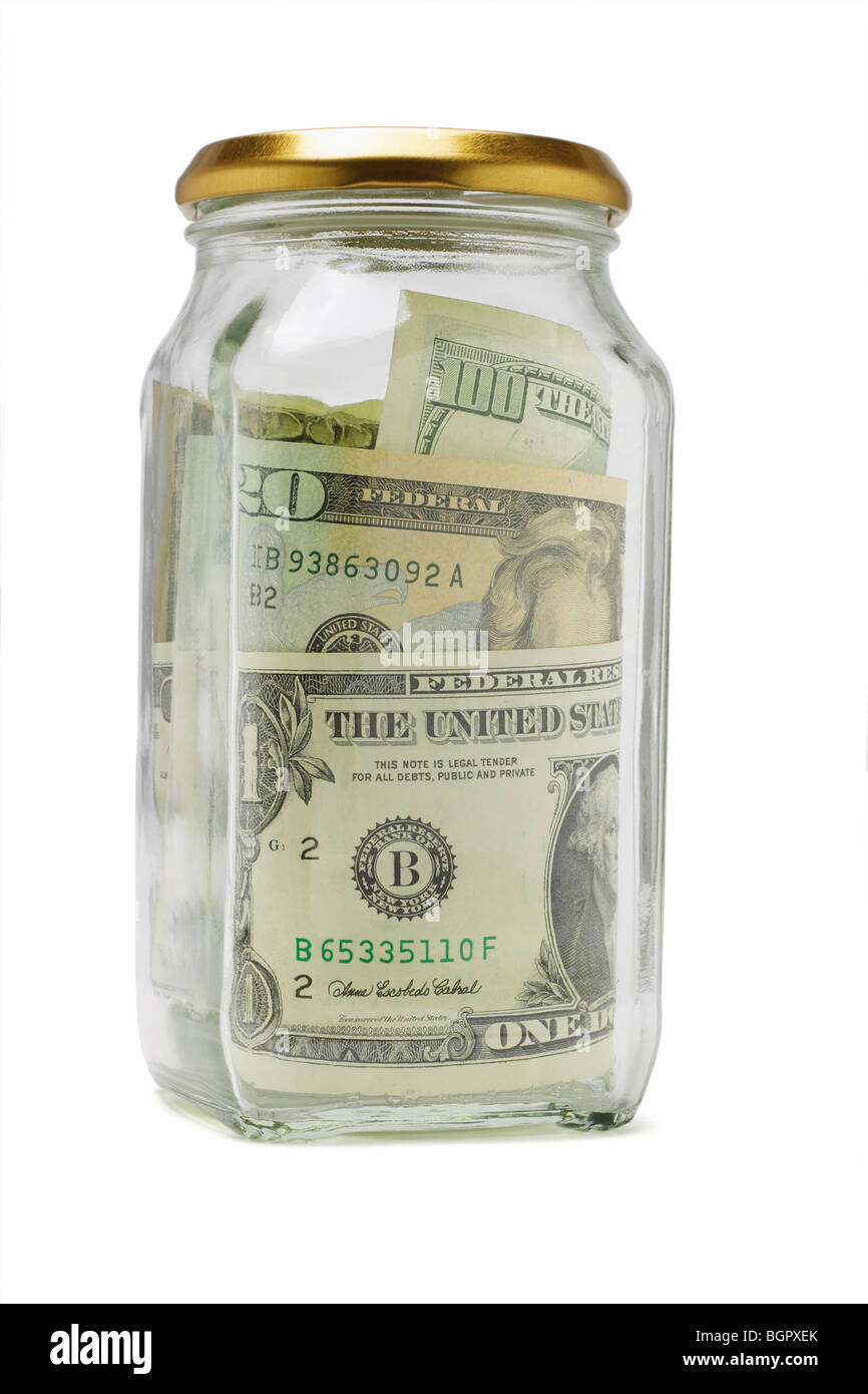 US dollar bills in closed glass container on white background Stock ...
