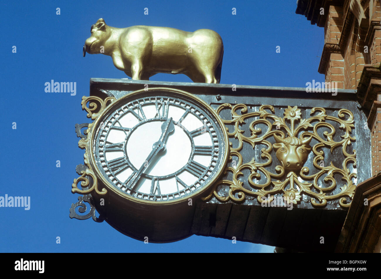 Bedford, High Street Clock projecting Bull England UK English street ...