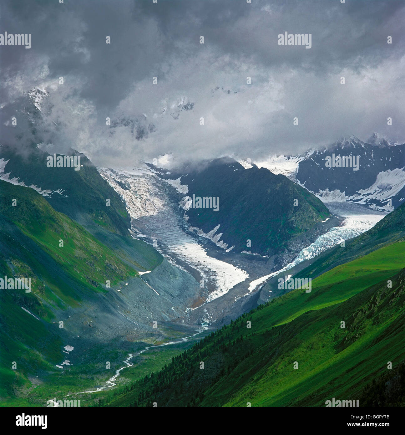 Mount Belukha foot and source of the Katun River. The Altai Mountains ...