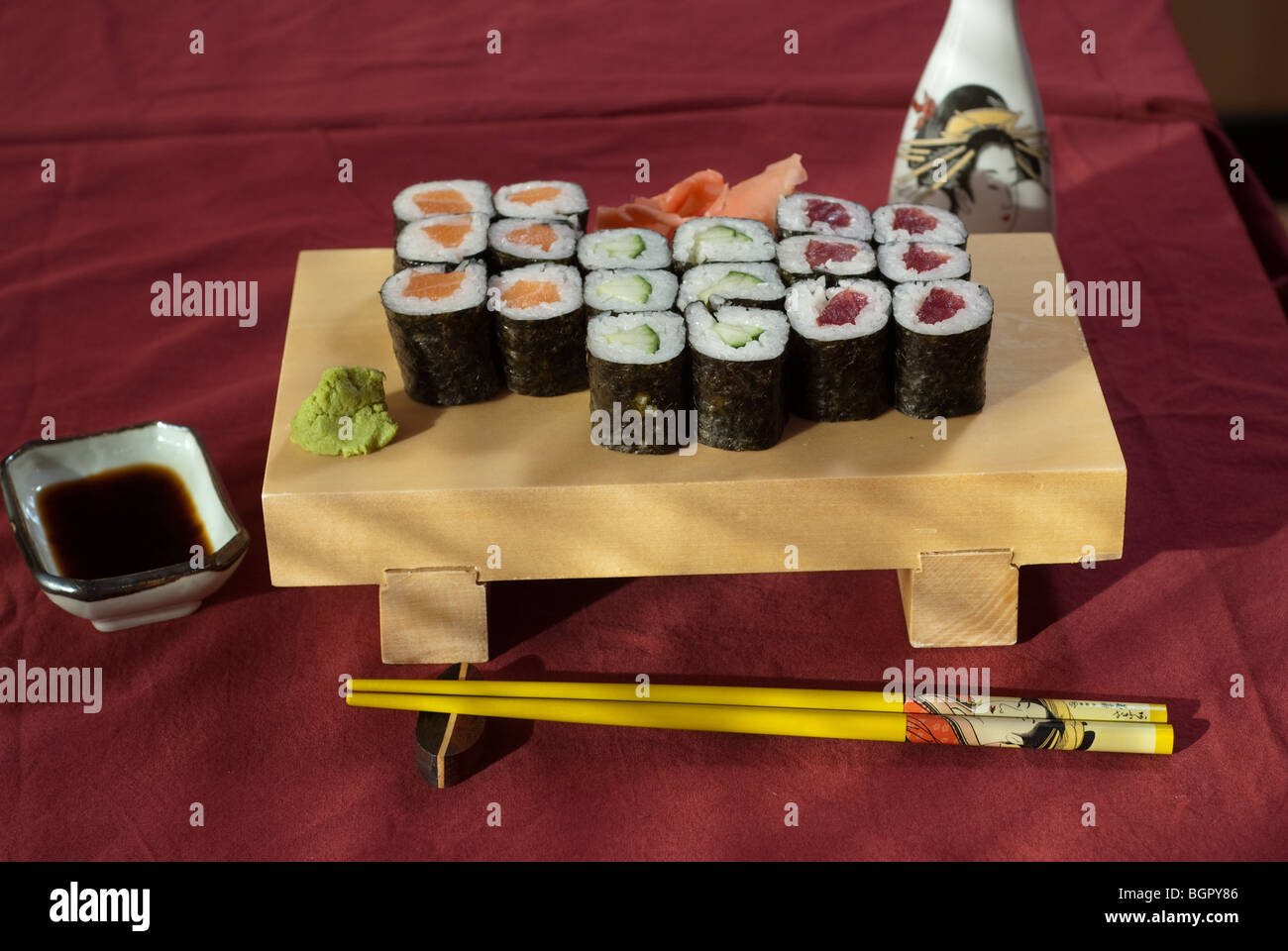 Japanese Food, Assorted Makis on a Wooden Platter, Table Stock Photo ...