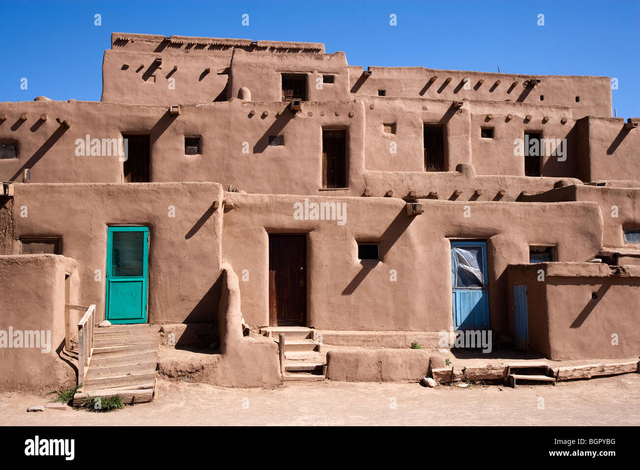 Multi-storied adobe buildings at Taos Pueblo, New Mexico, USA Stock ...