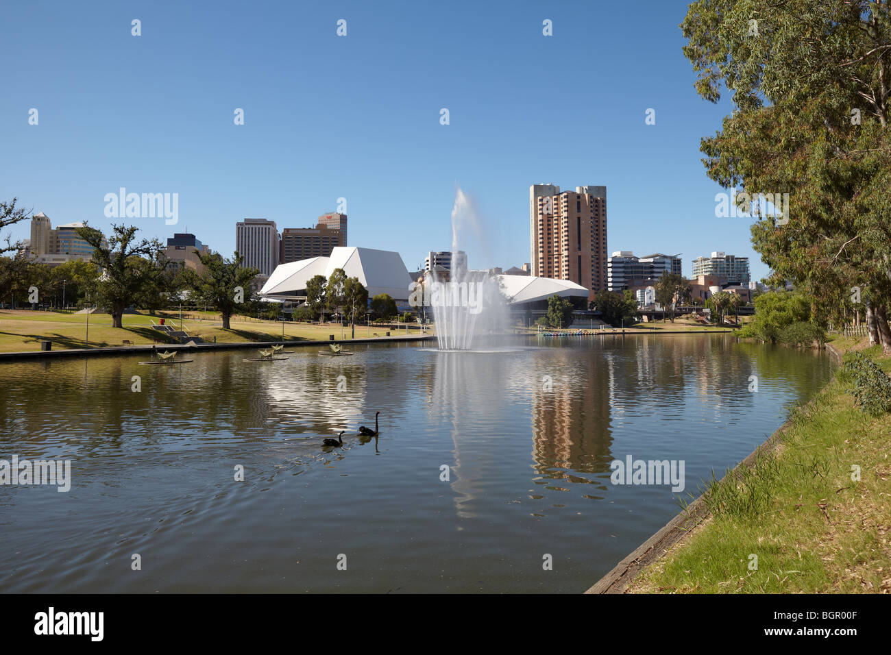 View of Torrens Lake, Elder Park and the city skyline, Adelaide ...