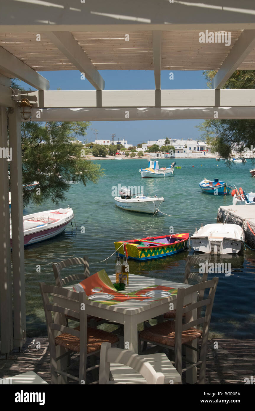 Shaded waterfront cafe in Pollonia, Milos, Greece Stock Photo - Alamy