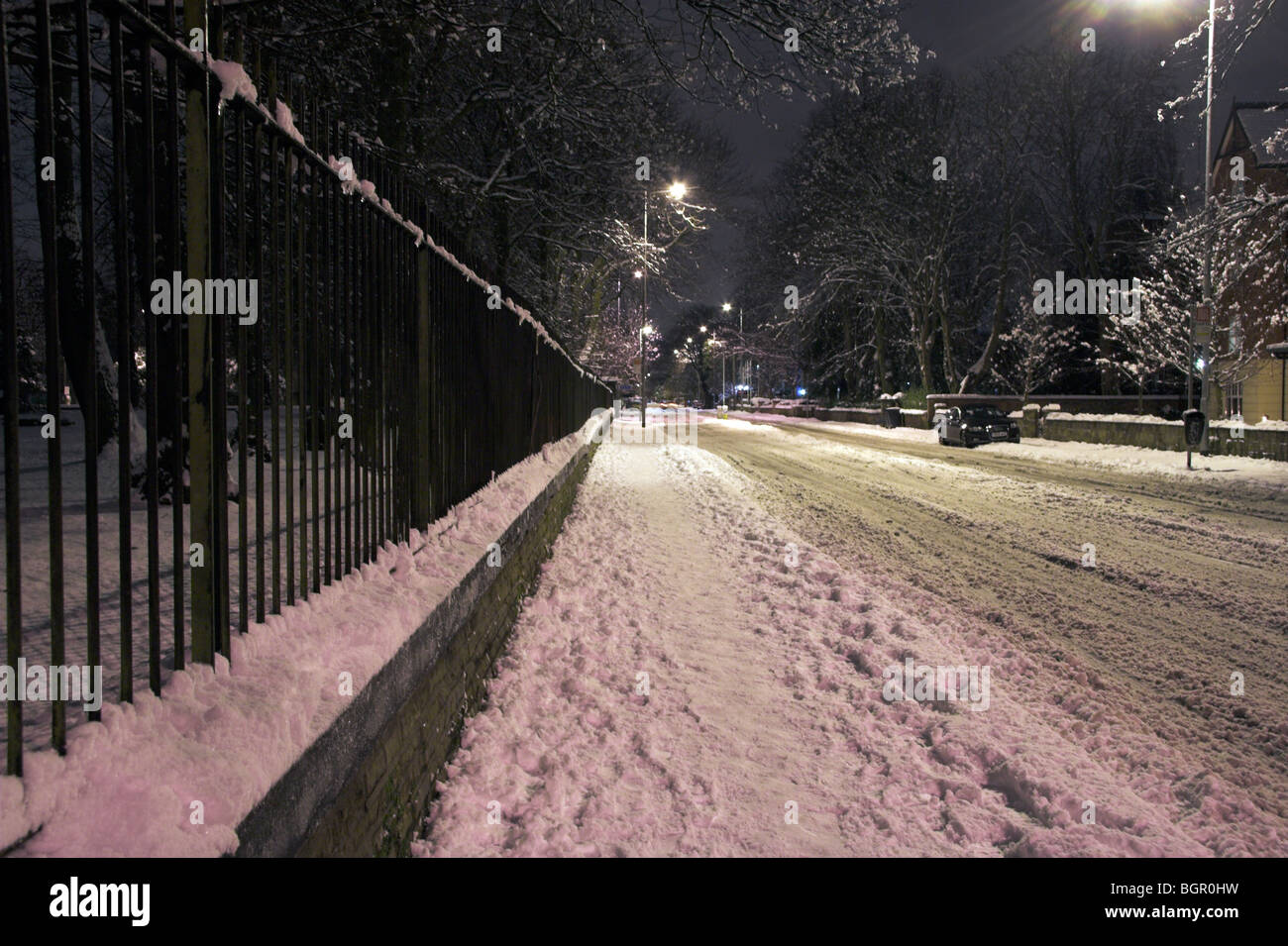 Deserted snow covered street at night, Alexandra Road South, Whalley ...
