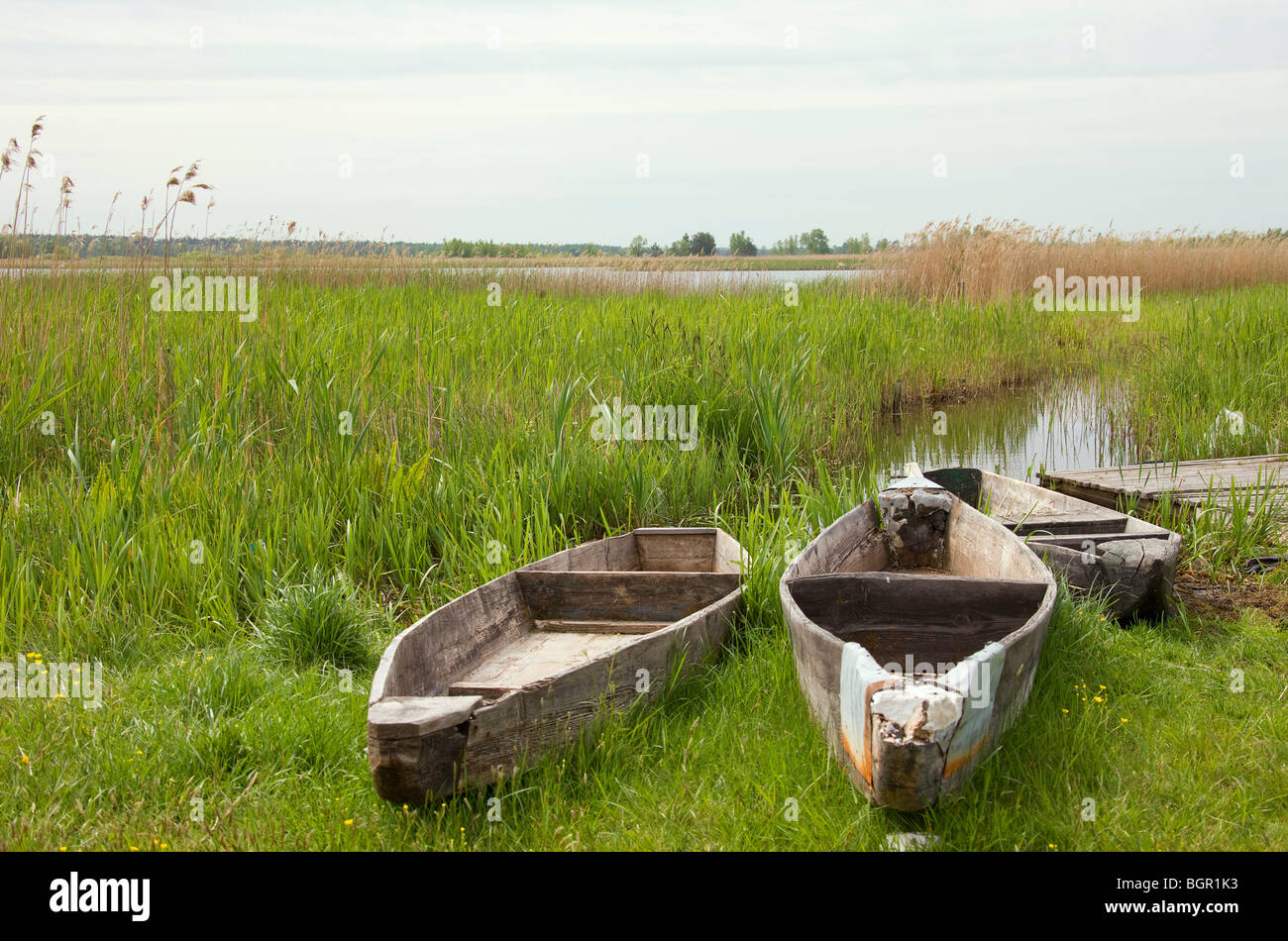 Old Polish punts, flat-bottomed canoes, on shore of lake Stock Photo ...