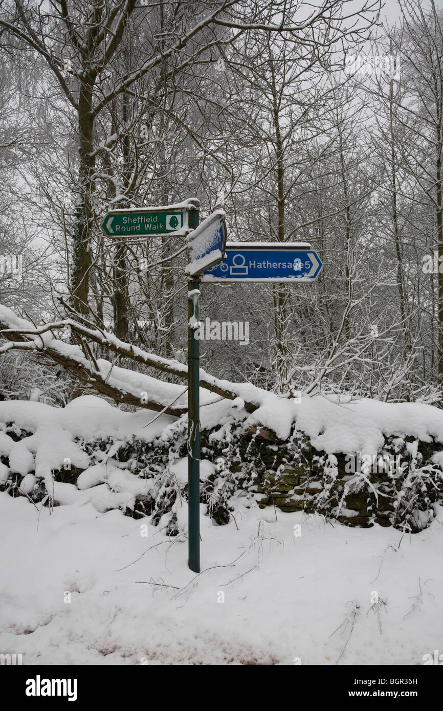 A direction sign on Ringinglow Road ,Sheffield, during the heavy snow ...