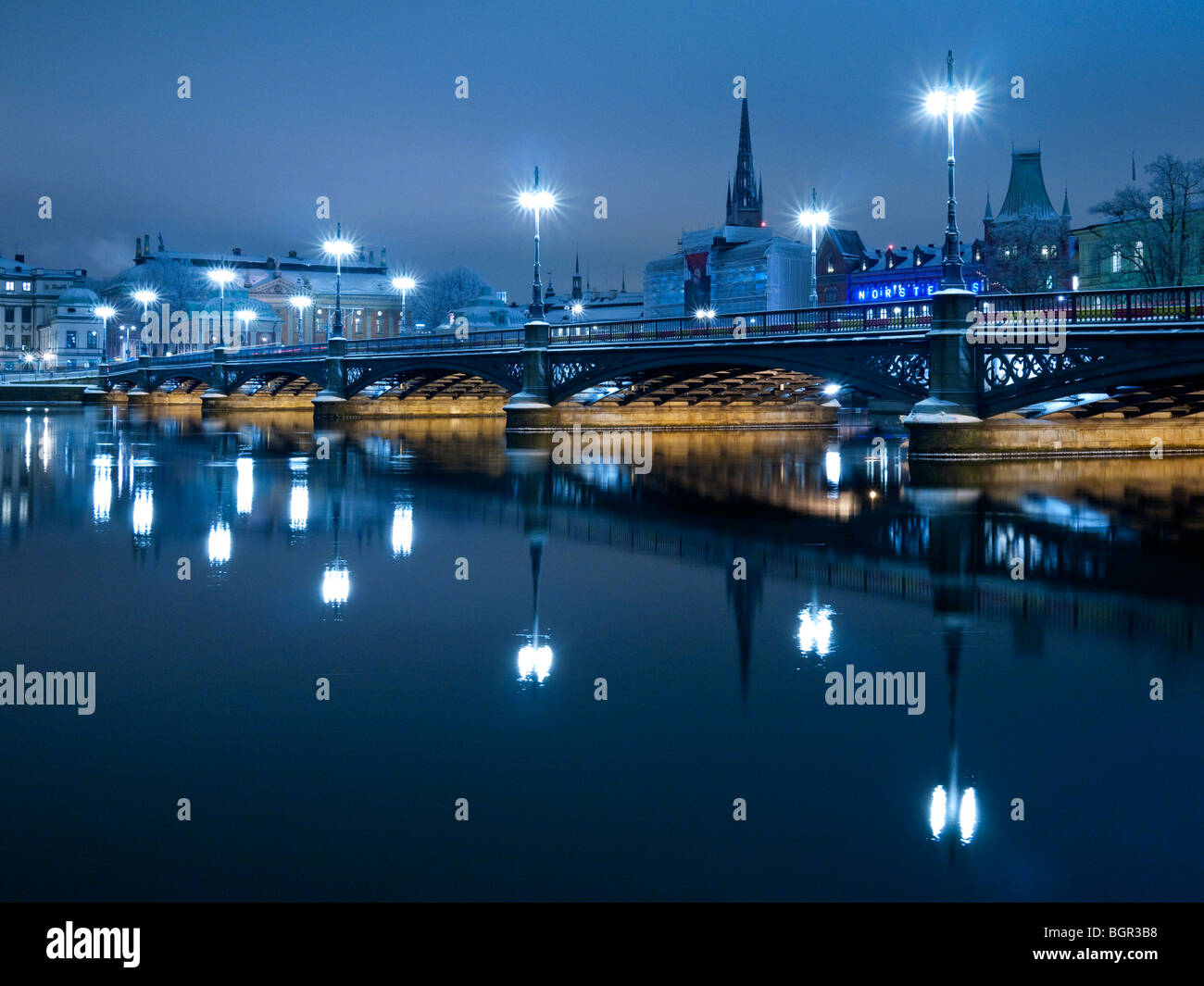 View of the bridge Vasabron and Riddarholmen church from Fredsgatan ...