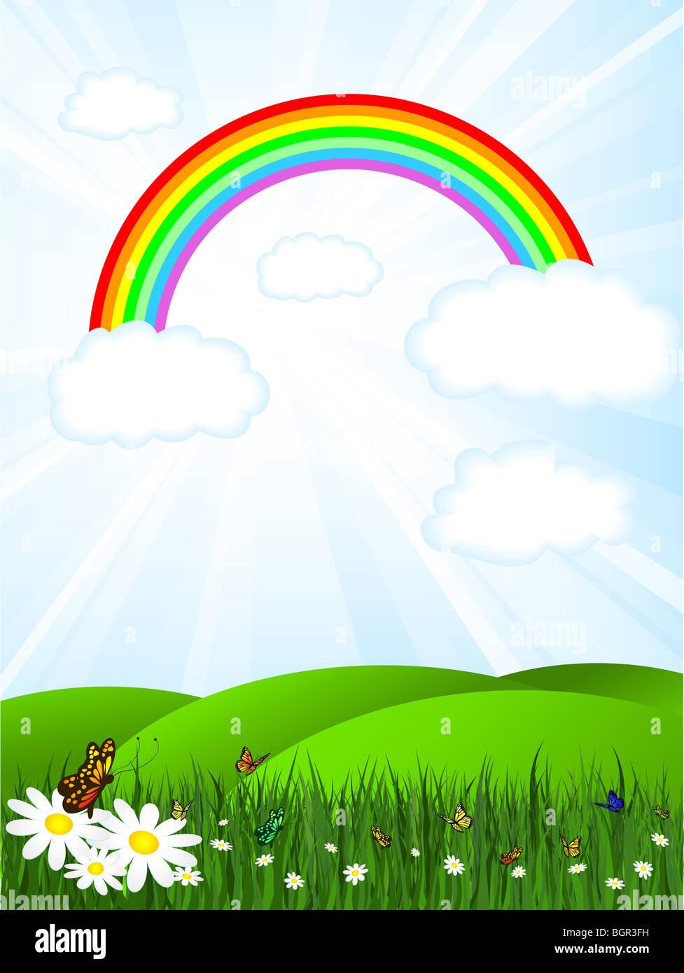 Sunny landscape with rainbow sky and butterflies Stock Photo - Alamy