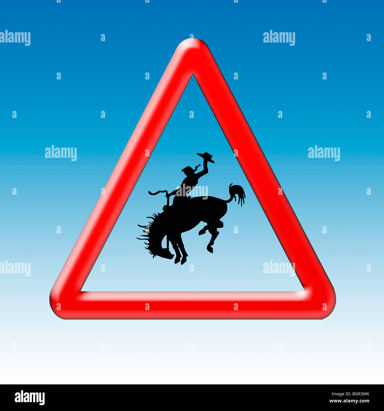 Warning Road Sign with Silhouette of Cowboy on a Horse Stock Photo - Alamy