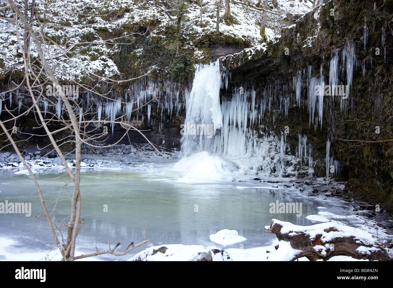 Frozen Sgwd Gwladys, (Lady Falls) Waterfall, the River Pyrddin ...