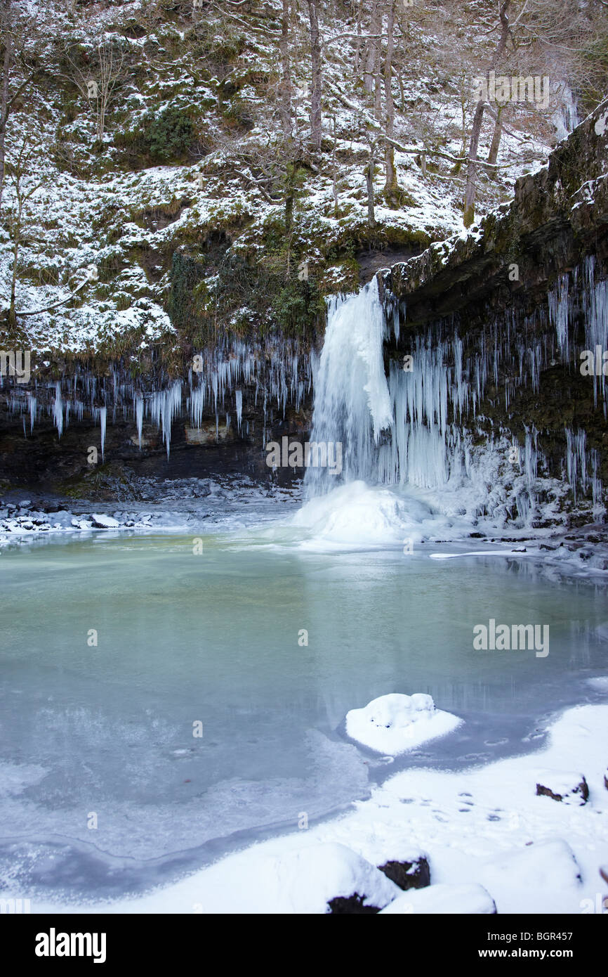 Frozen Sgwd Gwladys, (Lady Falls) Waterfall, the River Pyrddin ...