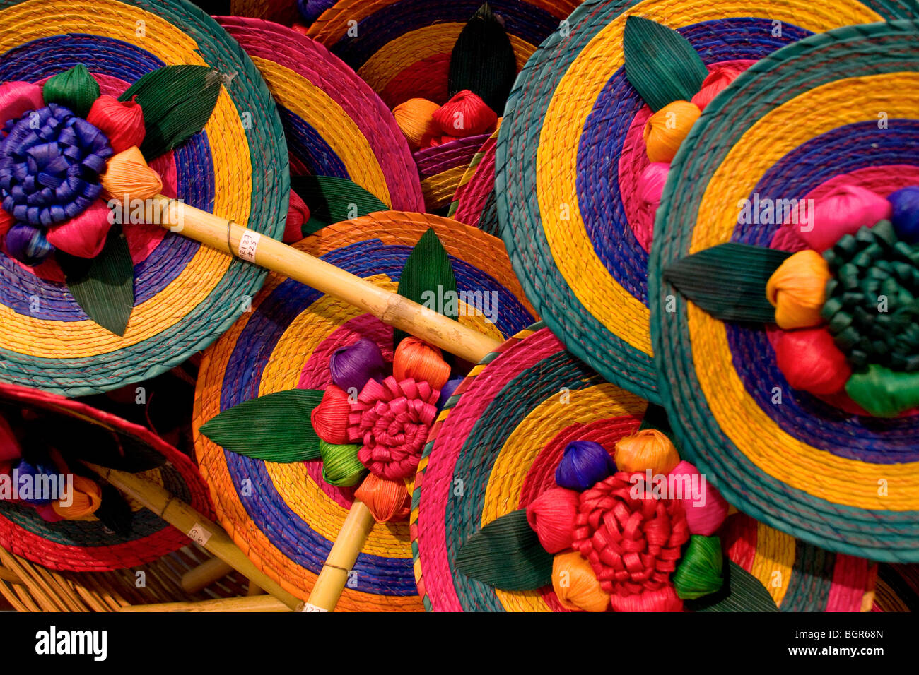 Mexican souvenir fans for sale in a market in Playa del Carmen Stock ...