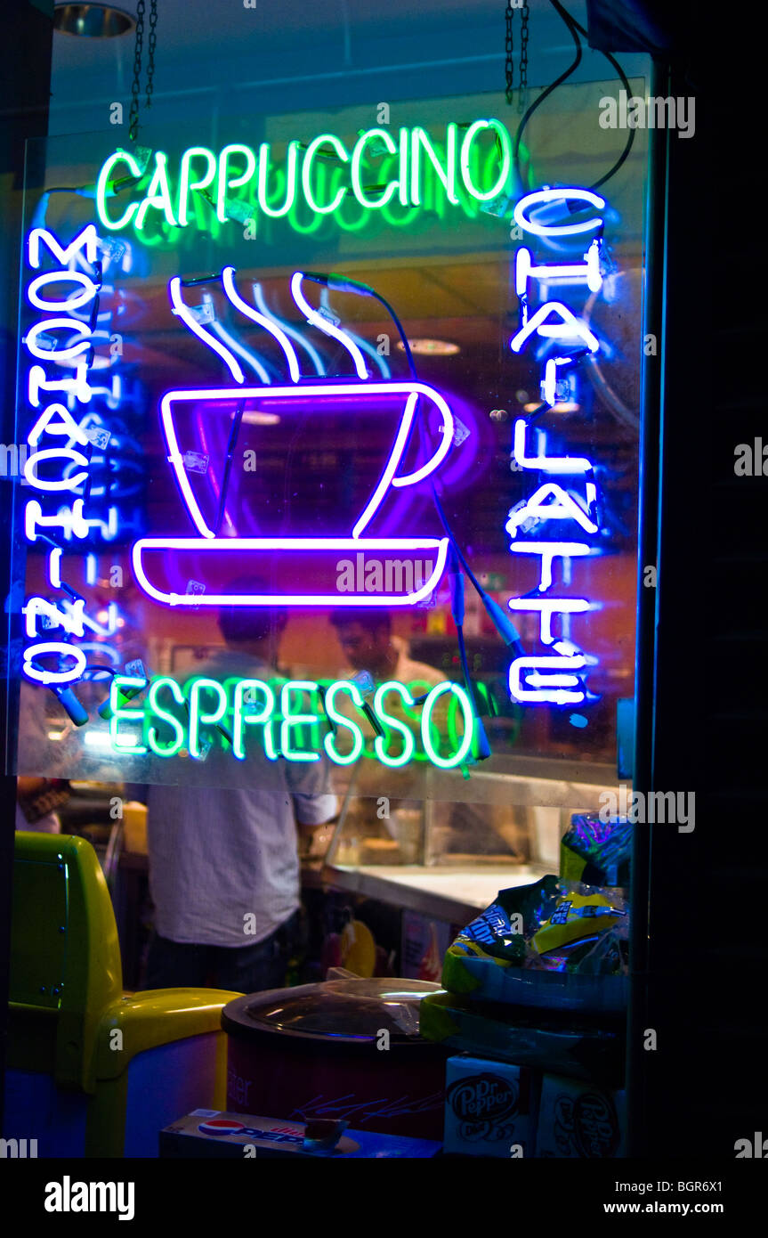 Neon sign in a coffee shop window in New York City Stock Photo - Alamy