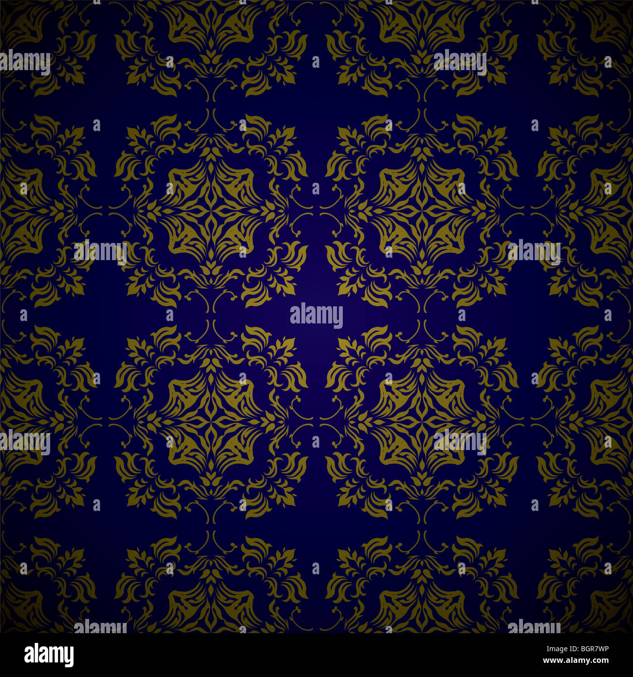 Royal blue and gold seamless repeating design with floral elements ...