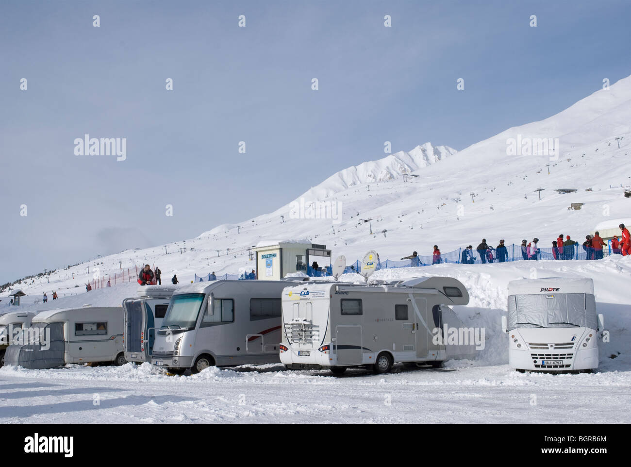 RV Recreational Vehicles parked in Passo del Tonale ski resort ...