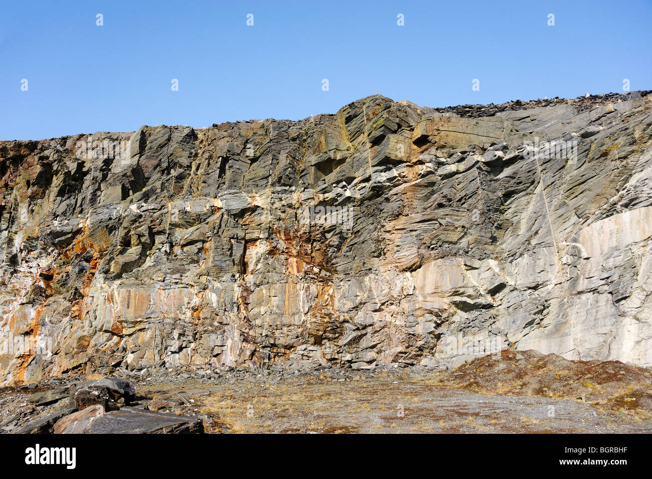 Disused abandoned slate quarry and mine in North Wales showing the ...