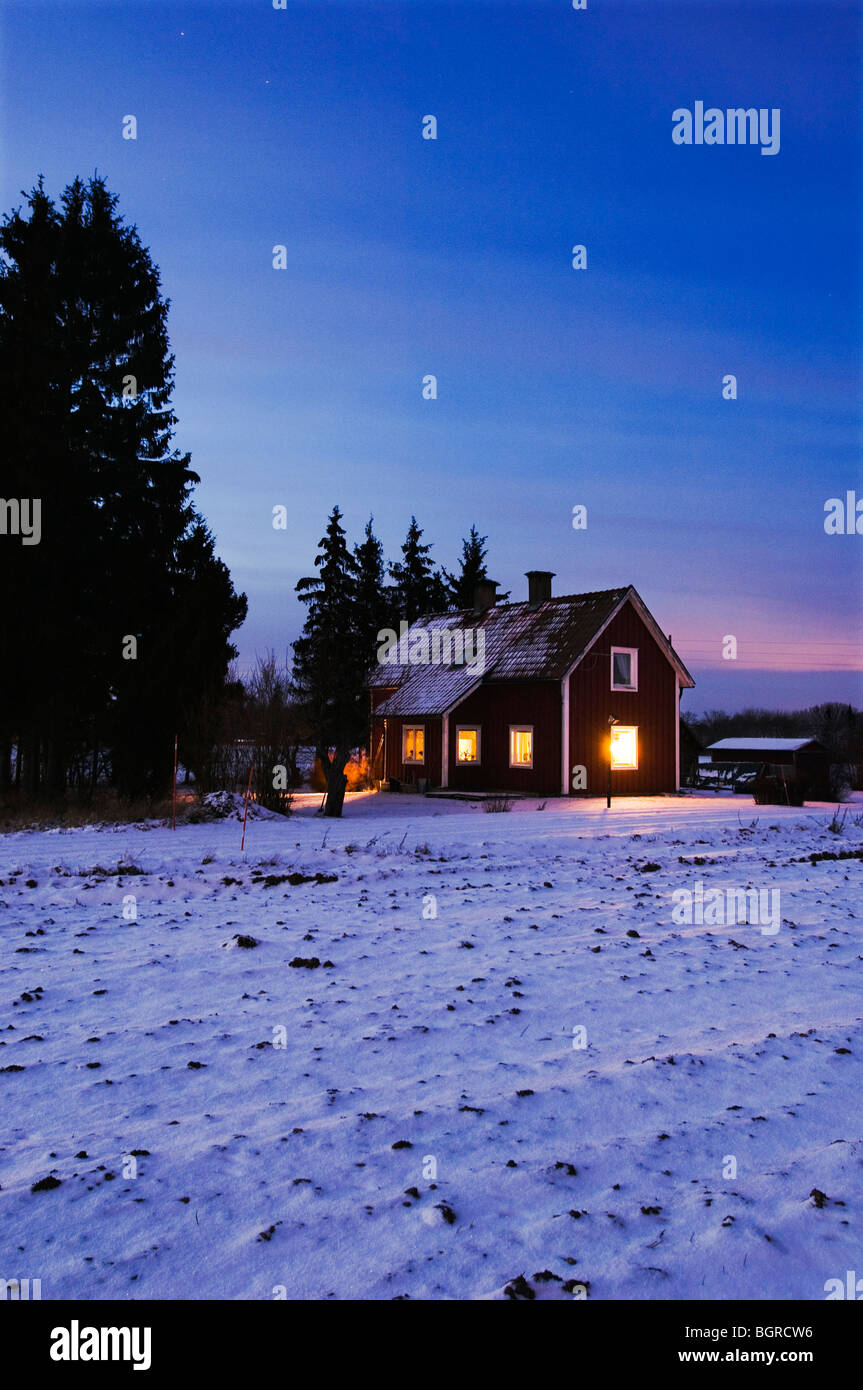 A cottage a winter night, Sweden Stock Photo - Alamy
